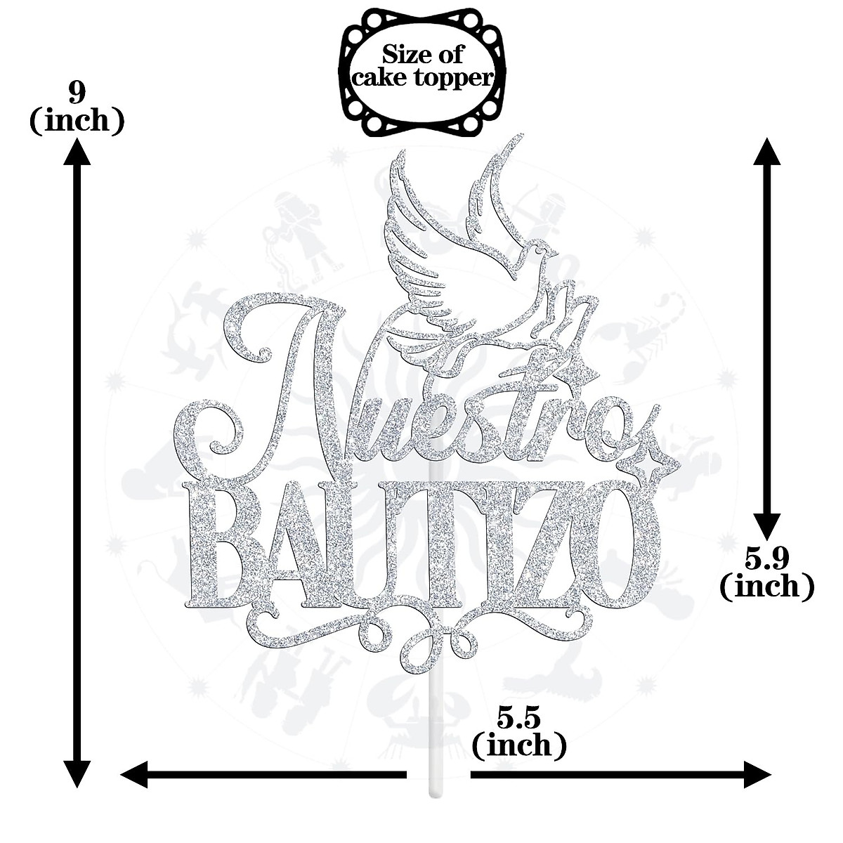 Nuestro Bautizo Cake Topper, Spanish First Holy Communion Christening Baptism Day Decor, Bridal Shower/Wedding/Baptism/Baby Shower Party Decorations, Silver Glitter