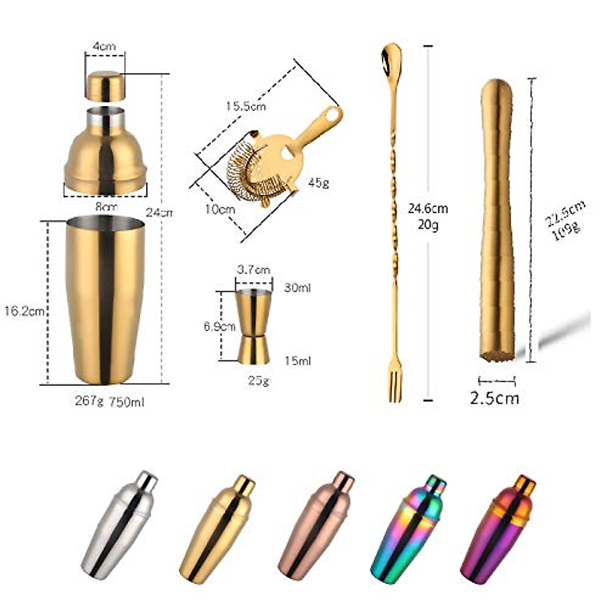 Buyerstar Bar Set 5-Piece Mixology Bartender Kit - Cocktail Shaker Set Bar Tool Set for Home and Professional Bartending - Martini Shaker and Drink Mixing Bar Tools - Cocktail Kit(GOLD)