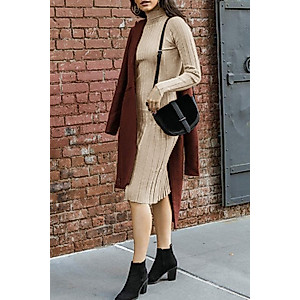 MEROKEETY Women's 2024 Ribbed Long Sleeve Sweater Dress High Neck Slim Fit Knitted Midi Dress,Khaki,M