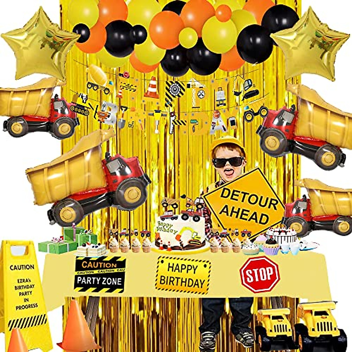 Construction Theme Birthday Party Decorations Kit Dumb Truck Excavator Crane Banner Foil Curtain Tablecloth Balloons for Boys 1st 2nd 3rd 4th 5th Birthday Party, Baby Shower Supplies.