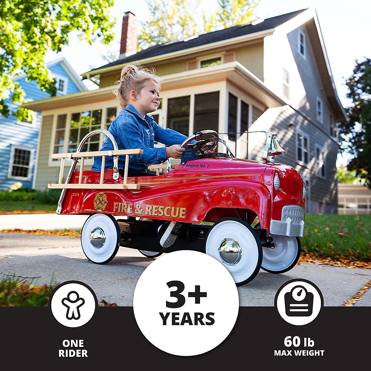 Kid Trax Toddler Classic Pedal Car, Kids 3-5 Years Old, Max Weight 60 lbs, Durable Steel, Fire Truck