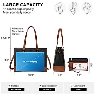 LOVEVOOK Laptop Bag for Women, Fashion Tote Bag, Large Capacity Computer bag, Vegan Leather Work Handbag, Messenger Bag Purse Set, Business Office Briefcase Fit 15.6 Inch Laptop, Black