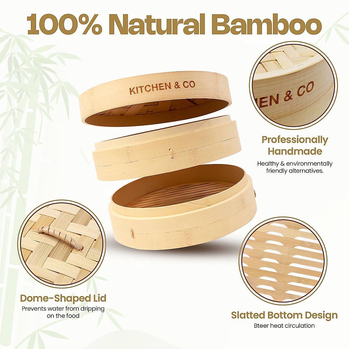 KITCHEN & CO 10-inch Dumpling Bamboo Steamer- Complete Set of 2 Tier Bamboo Steamer Basket 2 Chopsticks, 1 Rolling Pin, Ceramic Dish & More-Bringing Tradition to Your Table, One Steamed Dish at a Time