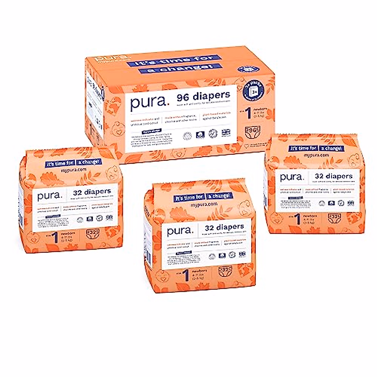Pura Size 1 Eco-Friendly Diapers (4-11lbs) Hypoallergenic, Soft Organic Cotton Comfort, Sustainable, Wetness Indicator Allergy UK, Recyclable Paper Packaging. 3 Packs of 32 (96 Baby Diapers)