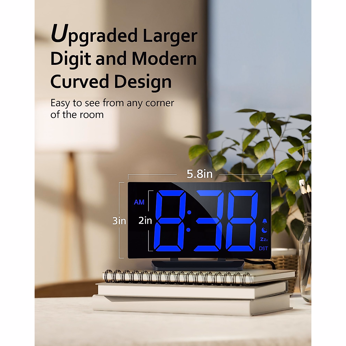 Digital Alarm Clock for Bedrooms, Digital Clock with Modern Curved Design, Conspicuous Blue LED Numbers, 6 Levels Brightness, 2 Volume, 3 Alarm Tones, Snooze, Power-Off Memory, 12/24H, Bedside Clock