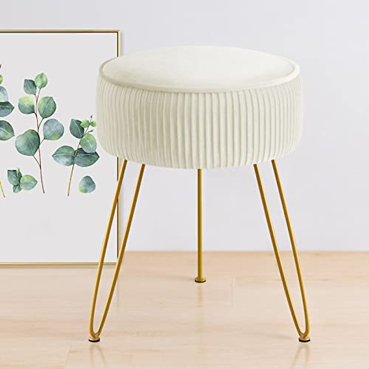 GERANT Multifunctional Vanity Stool,Modern Vanity Stools for Makeup Room,Velvet Round Ottoman Footrest Stool with Metal Legs, Upholstered Pleated Vanity Chair Stool for Living Room,Office(Beige)