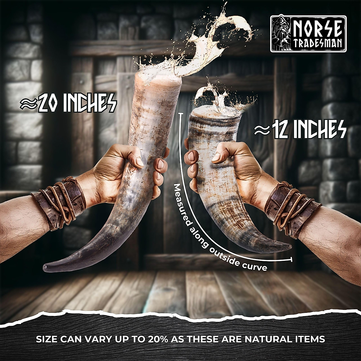 Norse Tradesman Genuine 12" Ox-Horn Viking Drinking Horn with Antique Brass Rim & Wolf Tip, Brown Leather Belt Holster, Fitted Horn Stand & Burlap Gift Sack - The Fenrir, 12-Inches, Low Polish