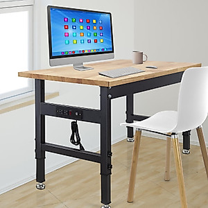 Work Bench, 48" Adjustable Height Work Table, Heavy Duty Oak Wood Workbench, Garage Work Bench Table, 2000 LBS Load Garage Workbench with Power Outlet for Garage/Kitchen/Home/Office