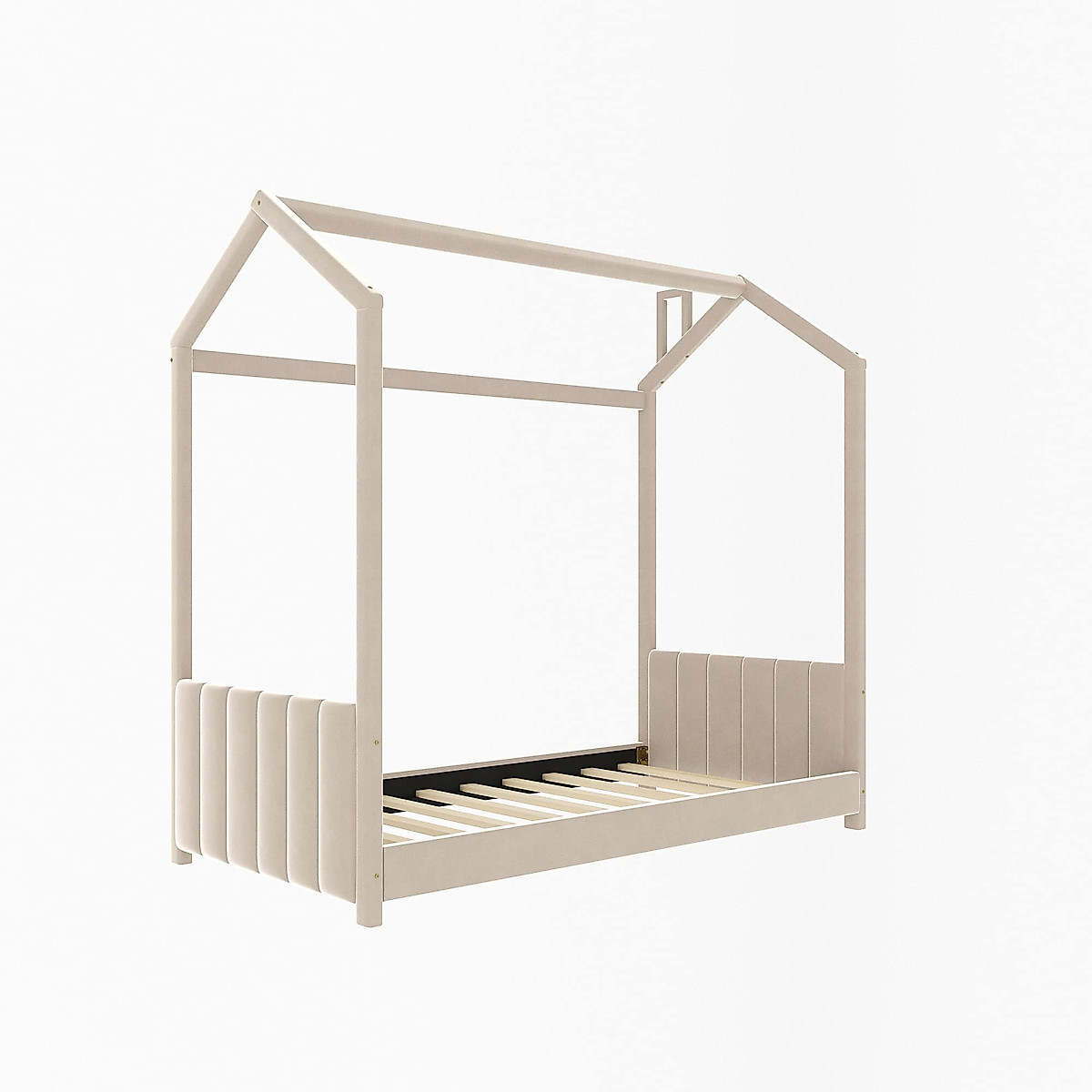 Bellemave House Beds Twin Size Velvet Montessori Bed for Kids Upholstered Floor Frame with Headboard & Footboard Girls Boys Teens, Beige