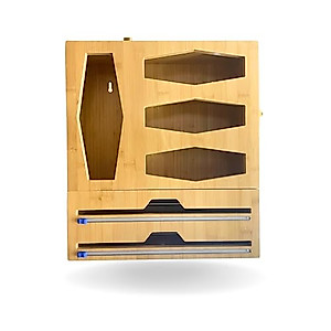 6 in1 Bamboo Ziplock Bag Organizer with Plastic Wrap Dispenser & Cutter – Compact drawer organizer for ziplock bags and foil – Ziplock Bag Storage Organizer for Gallon Quart Sandwich & Snack Bags (1)