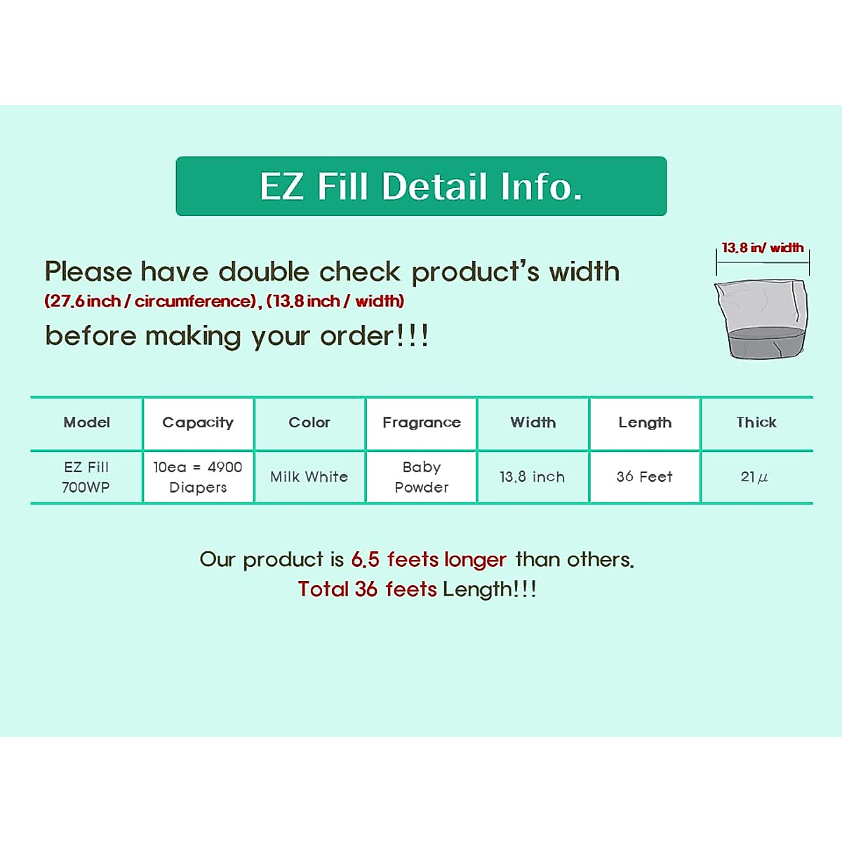 Fit for Dekor Classic Diaper Pails Refills - EZ Fill Diaper Pail Refills 10 Counts(10 Refills), White, (M700WP)