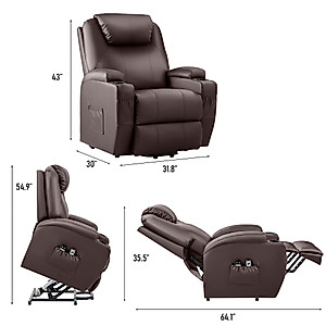 JUMMICO Power Lift Recliner Chair with Massage for Elderly PU Leather Modern Reclining Sofa Chair with Cup Holders, Remote Control, Adjustable Furniture (Brown)