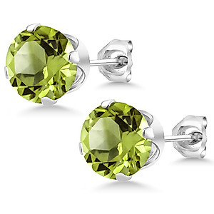Gem Stone King 925 Sterling Silver Green Peridot Stud Earrings For Women (2.00 Cttw, Gemstone Birthstone, Round 6MM)
