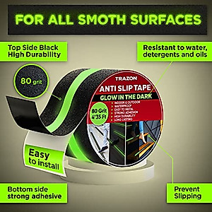 Grip Tape - Heavy Duty Anti Slip Tape for Stairs Outdoor/Indoor Waterproof Safety Non Skid Roll for Stair Steps Traction Tread Staircase Grips (2 Inch x 35 Feet, Black with Glow in The Dark Strips)