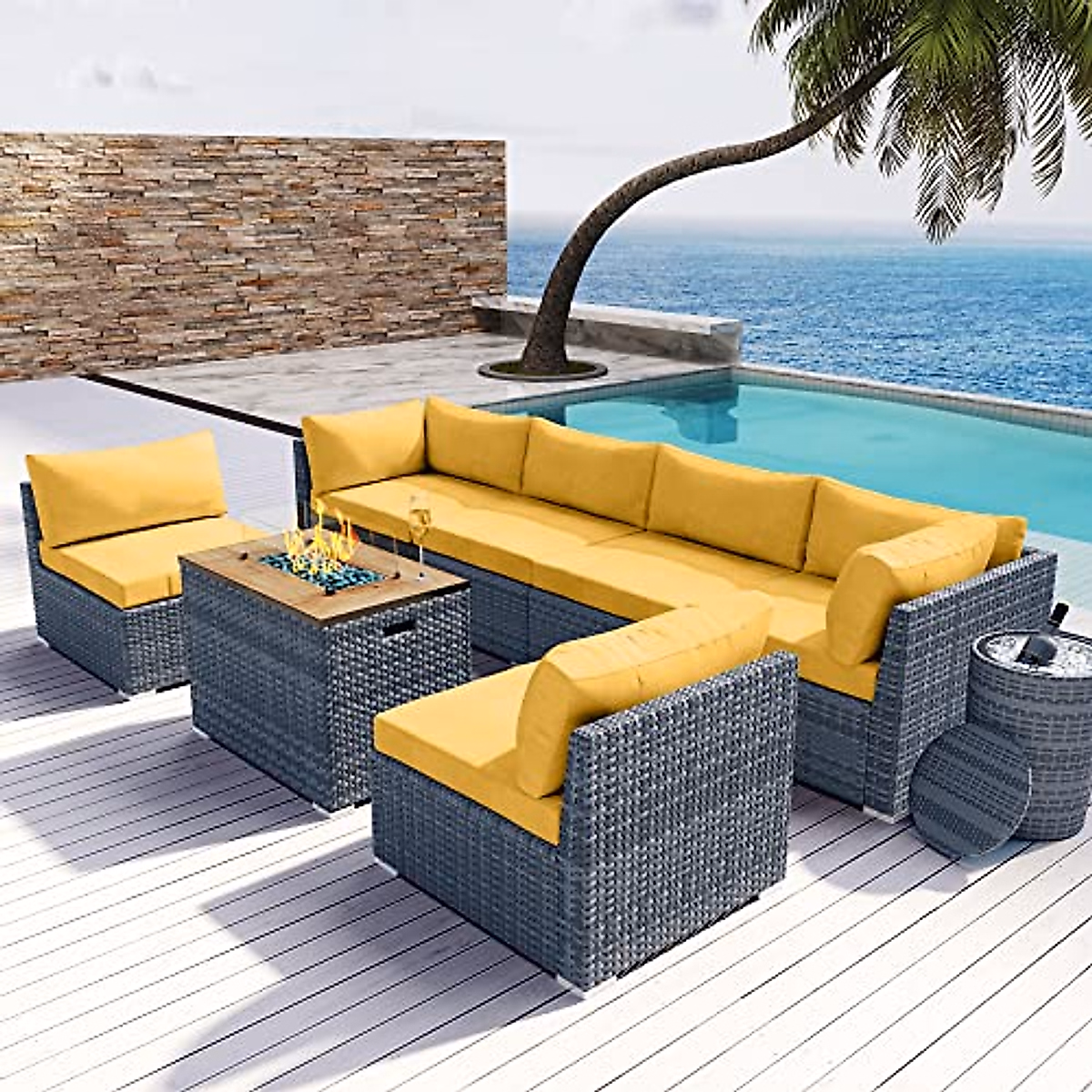 MODENZI Outdoor Sectional Patio Furniture Set with Propane Fire Pit Table Grey Resin Wicker Phoenix Collection Sofa Set (Yellow with Ice Bucket)