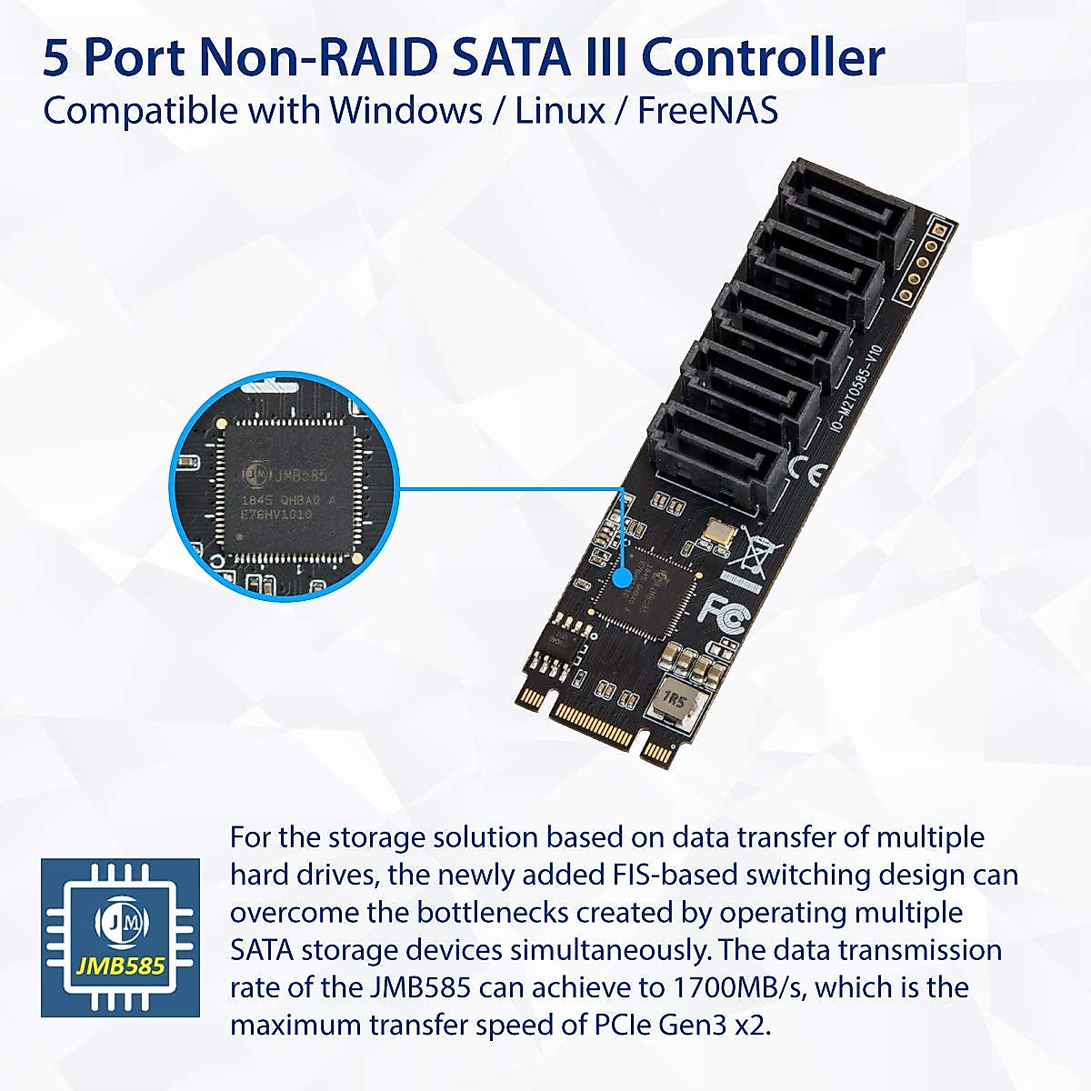 IO CREST Internal 5 Port Non-RAID SATA III 6GB/s M.2 B+M Key Adapter Card for Desktop PC Support SSD and HDD. JMB585 Chipset