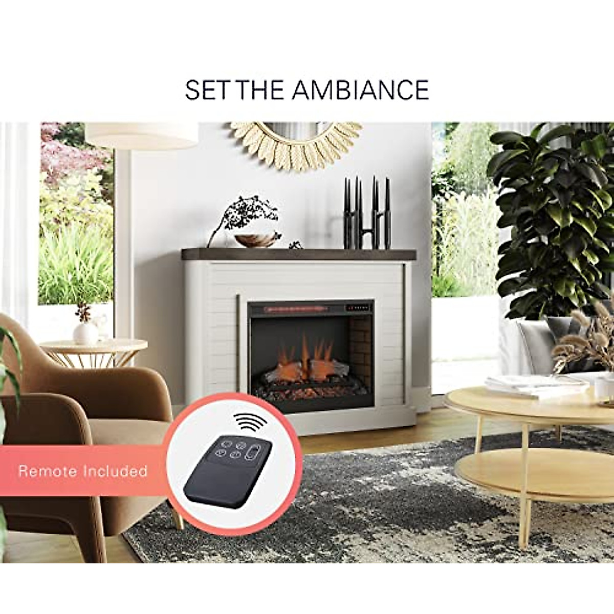 Bridgevine Home Electric Fireplace Mantel with Accent Wood Shelf and Surround, Realistic Logs and Flame Effect, Fireplace TV Stand, Adjustable LED Electric Heater with Remote Control, 48 Inch, White