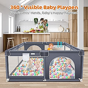 Suposeu Baby Playpen with Mat, 71"x59" Extra Large Playpen for Babies and Toddlers, Indoor & Outdoor Play Yard, Sturdy Safety Fence with Soft Breathable Mesh, Gray
