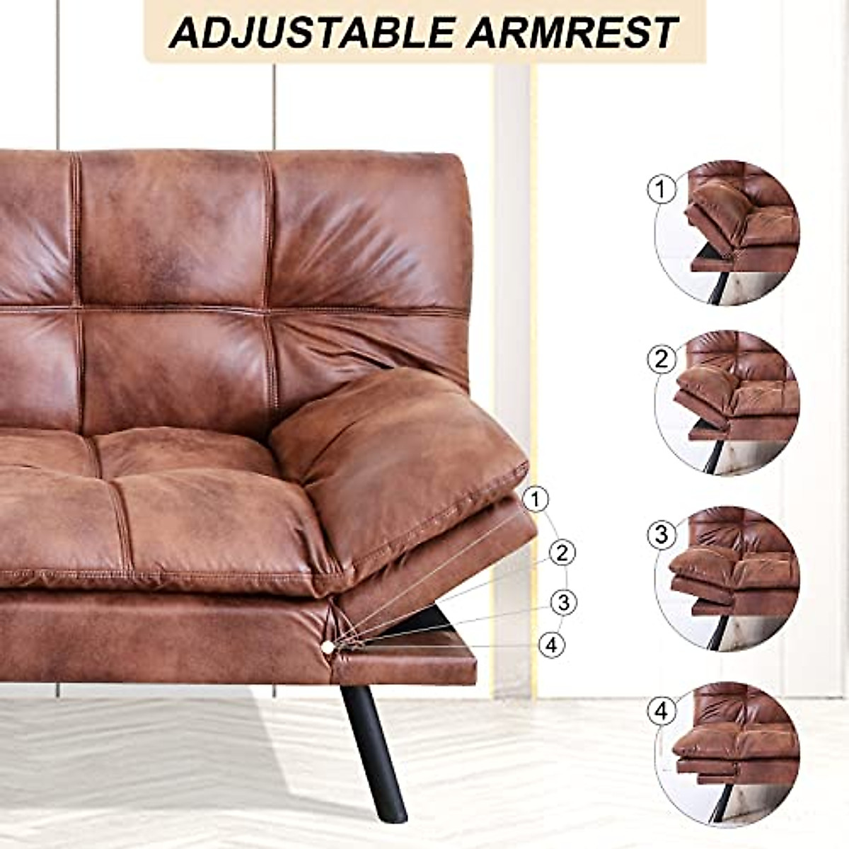 Opoiar Futon Sofa Bed Couch Sleeper Sofa Convertible Small Love Seat Memory Foam Brown Faux Leather Sofa for Living Room Apartment Office, Easy to Assemble, Great Addition