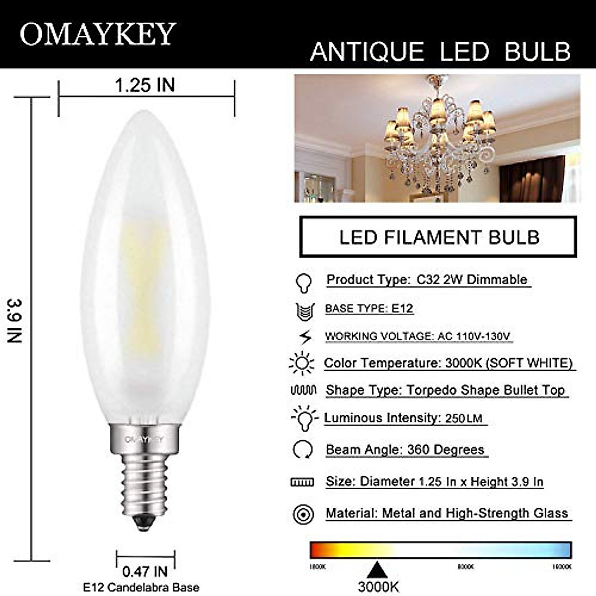 OMAYKEY 2W LED Candelabra Bulbs 25W Equivalent 3000K Soft White 250 LM, E12 Base Frosted Glass C32 Candle Dimmable LED Chandelier Light Bulb, Pack of 8