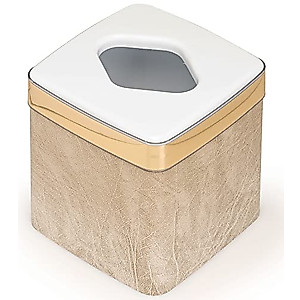 Made in USA Set of 2 Faux Beige Leather 5-Gallon Vinyl Waste Basket & Cube Tissue Box Cover