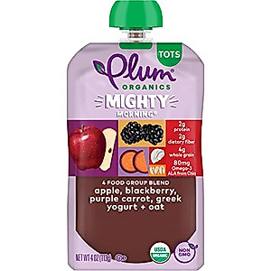 Plum Organics Baby Food Pouch | Mighty 4 Blends | Apple, Blackberry, Purple Carrot, Greek Yogurt & Oat | 4 Ounce | 12 Pack | Organic Food Squeeze for Babies, Kids, Toddlers