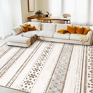 BESTSWEETIE 9x12 Area Rugs for Living Room Washable Moroccan Farmhouse Neutral Geometric Low Pile Non-Slip Soft Print Pattern Rug for Bedroom Kitchen Dining Room Entryway Cream/Brown/Pink
