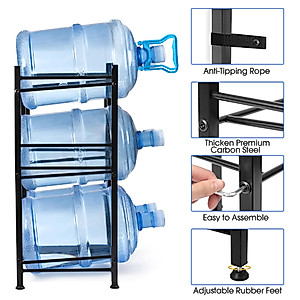 Klvied 5 Gallon Water Jug Holder, 3 Tier Water Jug Rack, Water Jug Stand for 5 Gal Water Bottle, Water Jug Stand, Heavy Duty Water Gallon Holder for 6 Bottles with Lifter and 5 Gallon Water Jug Cap