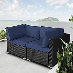 Excited Work Patio Sectional Furniture Corner Sofa,Low Back All-Weather Wicker Loveseats Outdoor Rattan Couch Set Conversation Sets（Dark Blue）