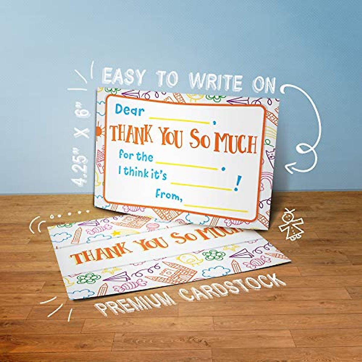 Drake Mason Kids Thank You Cards, 25 Fill in The Blank Thank You Cards for Kids, Children, Toddlers, Boys & Girls - Thank You Notes with Envelopes