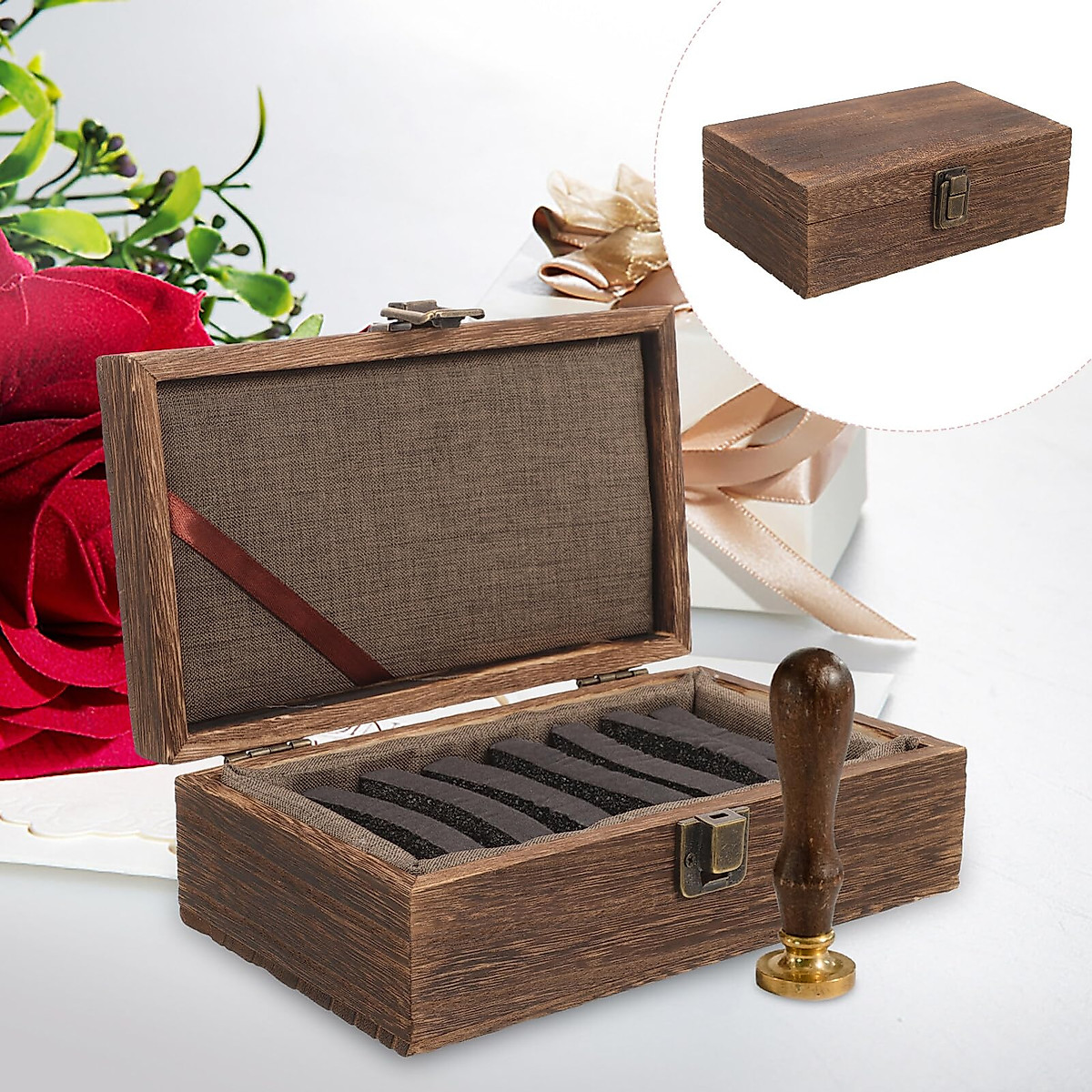 COHEALI Wooden Storage Box with Foam Liner Wax Seal Stamp Head Storage Box Wooden Coin Holder Jewelry Keepsake Chest Trinket Box for Earrings Necklace Bracelet