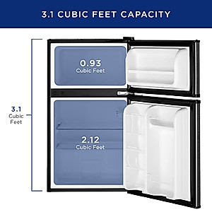 GE Mini Fridge With Freezer | 3.1 Cubic Ft. | Double-Door Design With Glass Shelves, Crisper Drawer & Spacious Freezer | Small Refrigerator Perfect for the Garage, Dorm Room, or Bedroom | Clean Steel