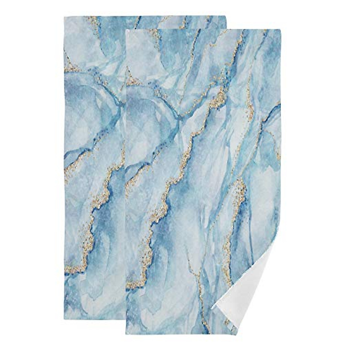 Qilmy White Blue Marble Hand Towel Set of 2, Super Soft Absorbent Fade Resistant Polyester Cotton Bath Towels Fingertip Towels for Bathroom Hotel Spa Gym and Beach 28.3x14.4 Inches