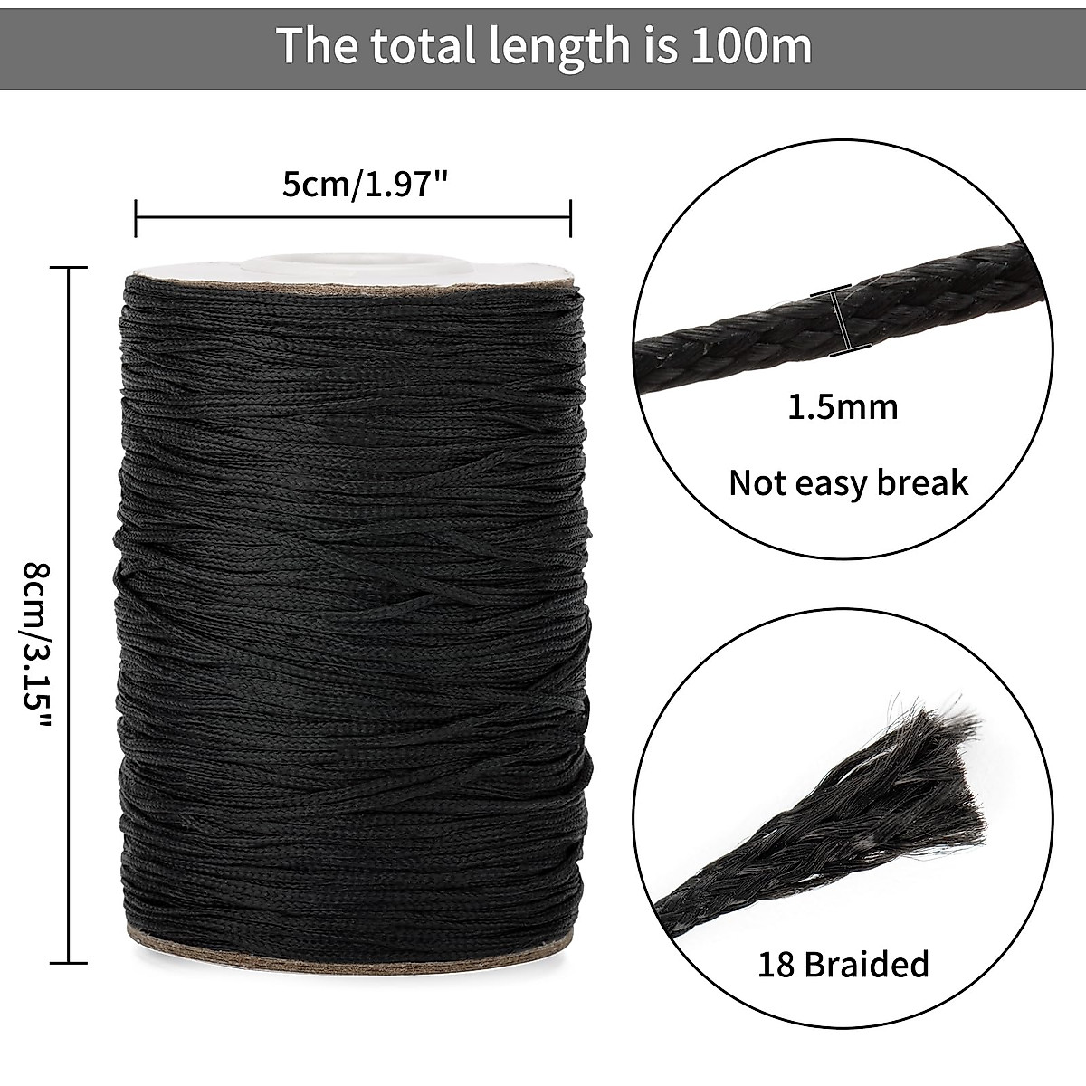 Anwyll 1.5mm Black Nylon Cord Wind Chime String,110 Yards Braided Lift Shade Cord Replacement,Windows Roman Rollers Repair,Nylon Bracelets String for DIY Crafts,Chinese Knotting,Gardening Plant