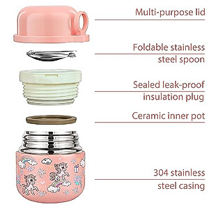 Healthlif 10oz Kids Soup Thermo for Hot Food Insulated Food Jar, Ceramic Coating Thermos Hot Food Lunch Container, Width Mouth Stainless Steel Lunch Box with Spoon(Pink Unicorn)