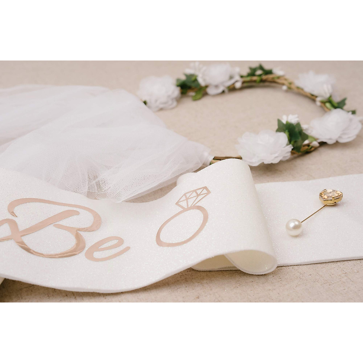 PapaKit Premium Bride to Be Party Sash, Floral Veil & Jewelry Pin Set, Glitter Sparkling Pearl White | Bachelorette Bridal Shower Engagement Wedding Party Favor Gift Decoration Supply