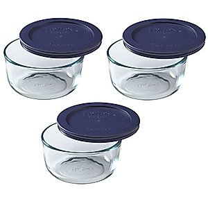 Pyrex Blue Storage Round Dish with Dark Plastic Cover, Clear (2-Cup Pack of 3)