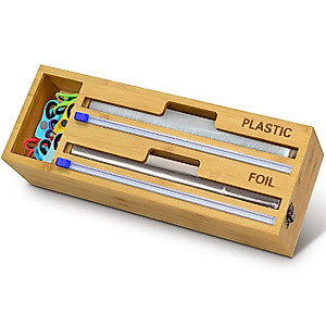 Bamboo Aluminum Foil Dispenser with Cutter, Foil and Plastic Organizer for Drawer, Plastic Wrap Dispenser with Cutter for Kitchen Drawer and Cabinet Organizer, Foil Organization and Storage Holder 1