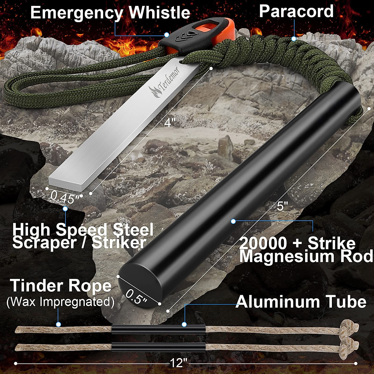 Ferro Rod Fire Starter Kit with 5 Inch Flint and Steel, Two 12 Inch Wax-Impregnated Tinders, 50 Inch 7-Core Paracord for Camping, Hiking, Boy Scouts, and Emergency Preparedness