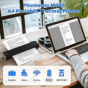 Phomemo M08F A4 Portable Thermal Printer + 8.26"x11.69" A4 Thermal Paper 200 Pcs, Wireless Mobile Travel Printers for Car & Office, Bluetooth Printer Compatible with Android and iOS Phone & Laptop