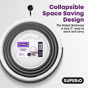 Superio Collapsible Bucket 2 Gallon Bucket with Handle Grey Car Wash Bucket Small Foldable Silicone Pail for Camping, Fishing, Cleaning, Mopping, 10 Liter, 4