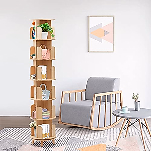 6 Tier Rotating Bookshelves, 360 Display Floor Standing Bookcase,Vertical Book Storage Rack,Wood Multi-Functional Bookshelf Organizer