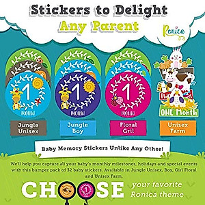 Massive Pack of 32 Ronica Baby Girl Stickers: 12 Baby Monthly Stickers + 20 Popular Milestones Baby Stickers - Record Your Baby's Growth, Holidays and Special Firsts - Unique Baby Gifts
