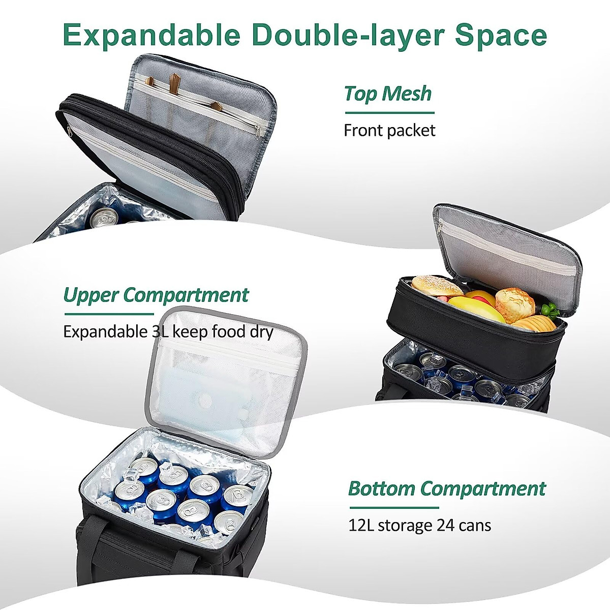 gelugee Lunch Bag Women,Double Deck Lunch Box for Men, Insulated Lunch Cooler Tote Bag, Waterproof Adult Lunchbox, 15L Large Black Lunch Pail for Work Office Picnic