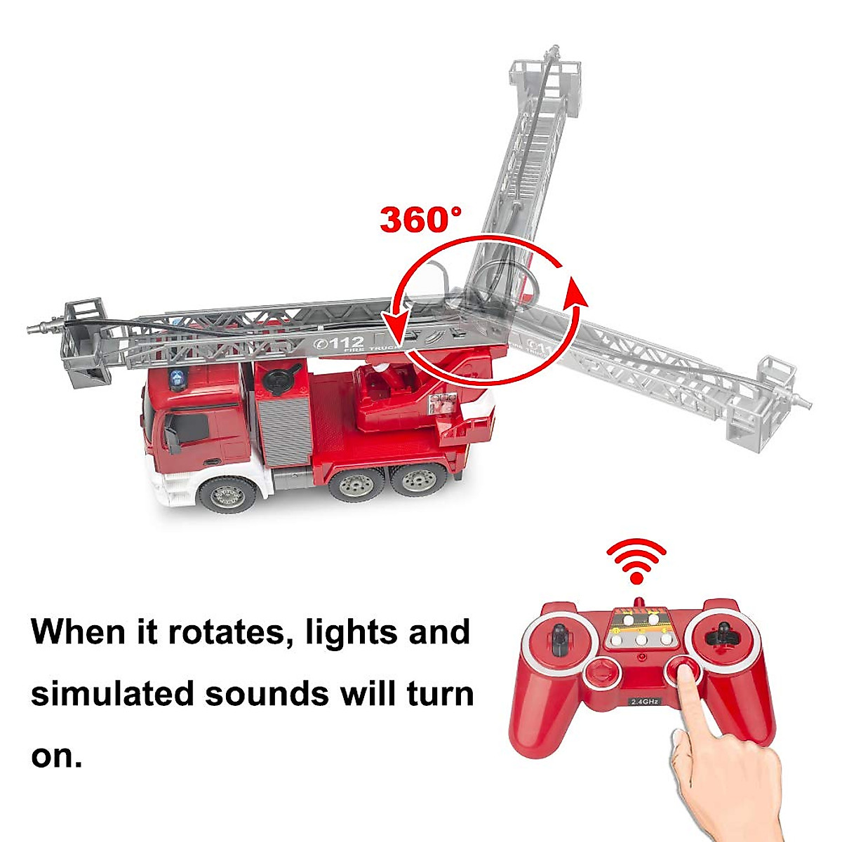 Benz Licensed Remote Control Fire Truck, RC Fire Truck Toy, Rechargeable Construction Truck Toys with Alarm Lights, Hose, Working Water Pump and Rotating Rescue Ladder Fire Truck Toys Gift for Kids