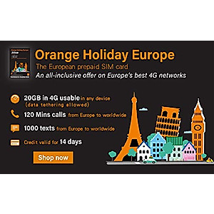 Orange Holiday Europe Prepaid SIM Card Combo Deal 30GB Internet Data in 4G/LTE (Data tethering Allowed) + 120min International Calls + 1000 Texts / 14 Days from Europe to Any Country World
