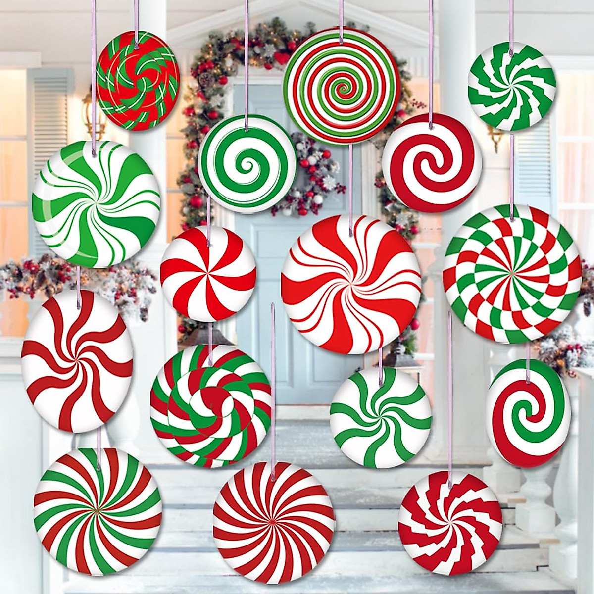 Flyowl 16 PCS Candy Christmas Outdoor Decorations Christmas Tree Hanging Ornaments Peppermint Lollipop Candy Yard Signs Tree Porch Yard Xmas Decor