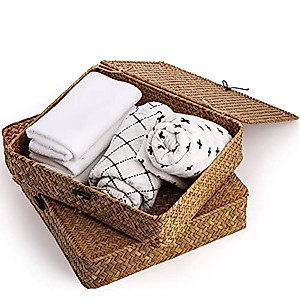 Elsjoy 2 Pack Seagrass Baskets with Lid, Wicker Storage Baskets Flat Rattan Storage Bins, Woven Organizer Baskets for Shelf, Closet, Bedroom