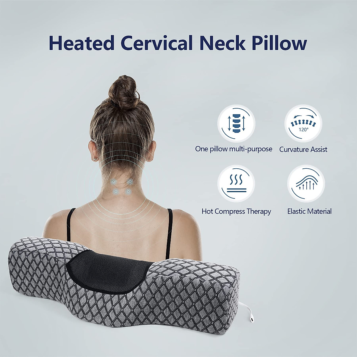Neck Pillows for Pain Relief Sleeping, Heated Memory Foam Cervical Neck Pillow with USB Graphene Heating and Magnetic for Stiff Neck Pain Relief, Neck Support Pillow Bolster Pillow for Bed (Grey)