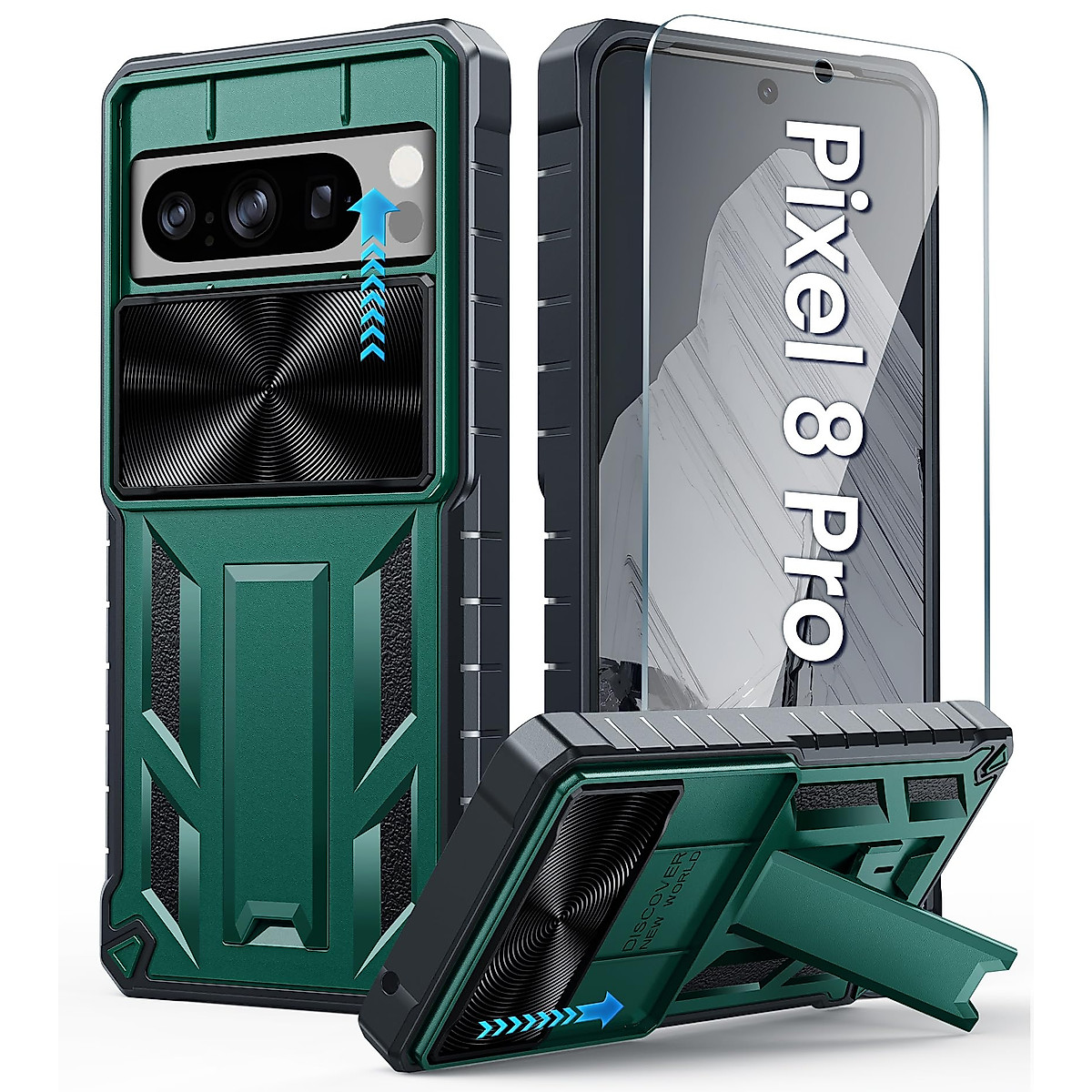 FNTCASE for Google Pixel 8-Pro Case: Military Grade Drop Proof Protective Rugged Pixel 8pro Cell Phone Cover with Kickstand & Slide | Shockproof Matte Heavy Duty Protection Tough Cases 6.7''- Green